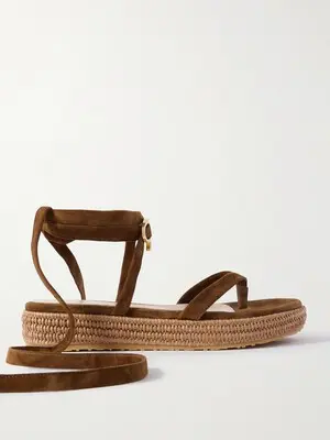 GIANVITO ROSSI Yasmine Raffia-trimmed Suede Sandals - Brown