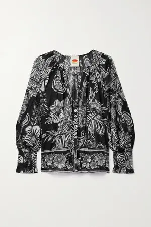Farm Rio Tie-detailed Bead-embellished Printed Blouse - Black