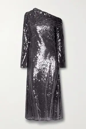 SELF-PORTRAIT Asymmetric Sequined Mesh Midi Dress