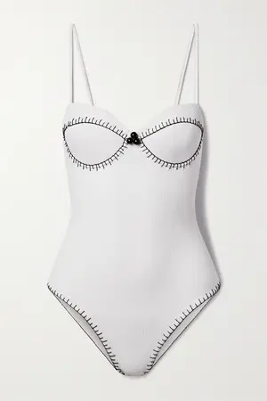 Marysia Salento Embellished Embroidered Seersucker Underwired Swimsuit - White