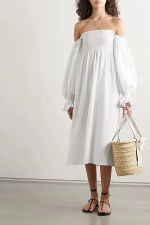 Sleeper Net Sustain Atlanta Off-the-shoulder Shirred Linen Midi Dress