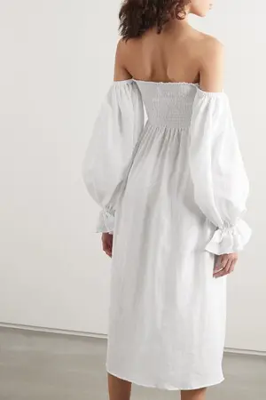 Sleeper Net Sustain Atlanta Off-the-shoulder Shirred Linen Midi Dress
