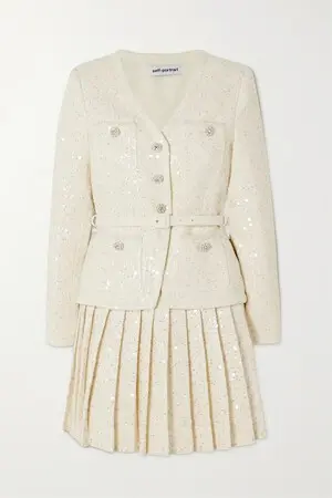 SELF-PORTRAIT Belted Embellished Bouclé Mini Dress
