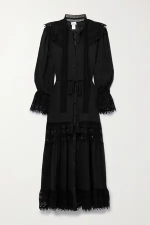Miguelina Emilline Belted Lace-trimmed Cotton-gauze Maxi Dress - Black