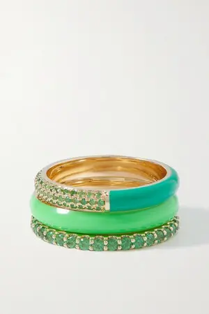Fry Powers Set Of Three 14-karat Gold, Enamel And Tsavorite Rings - Green