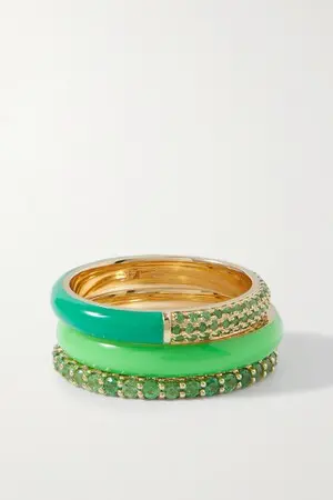 Fry Powers Set Of Three 14 Karat Gold, Enamel And Tsavorite Rings