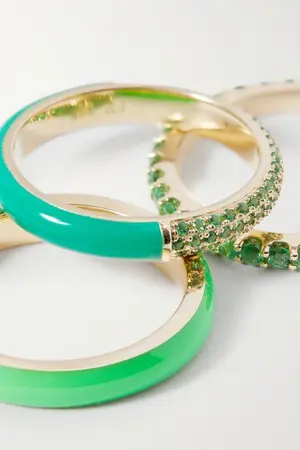 Fry Powers Set Of Three 14 Karat Gold, Enamel And Tsavorite Rings