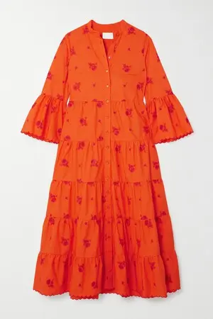 Erdem Tiered Embroidered Cotton-poplin Midi Shirt Dress - Red