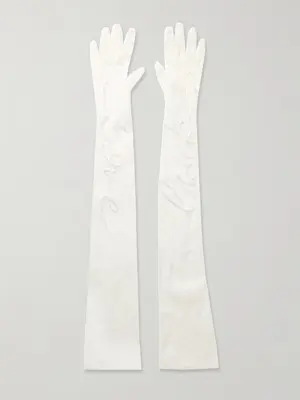 HALFPENNY LONDON Embroidered Tulle Opera Gloves - Ivory