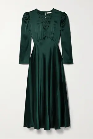 DÔEN Melinda Embroidered Silk-satin Midi Dress - Green