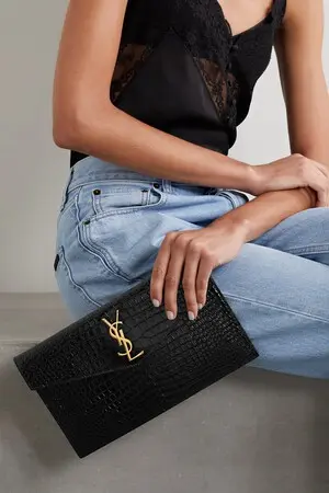 Saint Laurent Uptown Croc-effect Patent-leather Pouch - Black