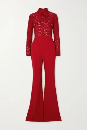 Elie Saab Pussy-bow Corded Lace And Crepe Jumpsuit - Red