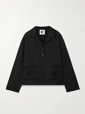 Sleeper Sofia Broderie Anglaise-trimmed Linen Pajama Shirt - Black