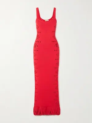 DIOTIMA Moore Fringed Pointelle-knit Cotton-blend Maxi Dress - Red