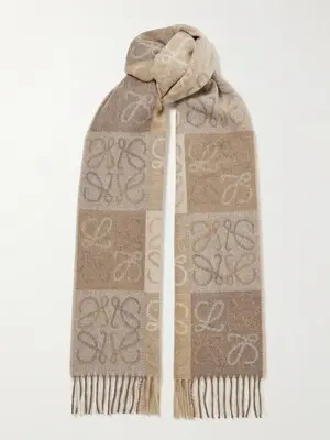 Loewe Fringed Intarsia Wool And Cashmere-blend Scarf - Neutrals