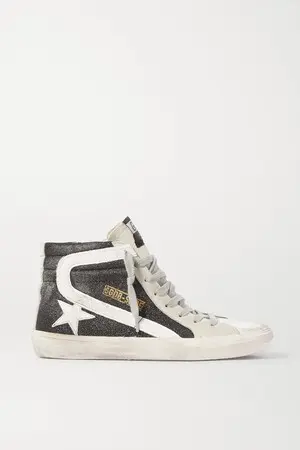 GOLDEN GOOSE Slide Glittered Distressed High-top Sneakers - Black
