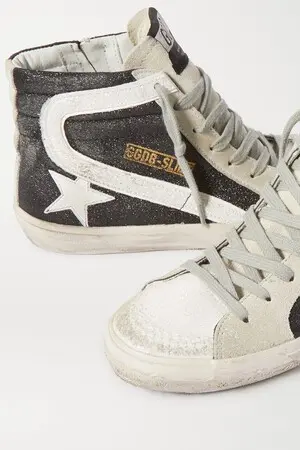 GOLDEN GOOSE Slide Glittered Distressed High-top Sneakers - Black