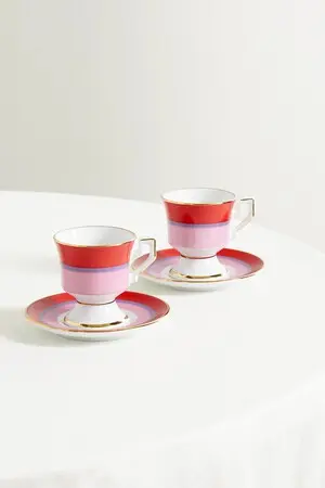 La DoubleJ Set Of Two Gold-plated Porcelain Espresso Cups And Saucers - Pink