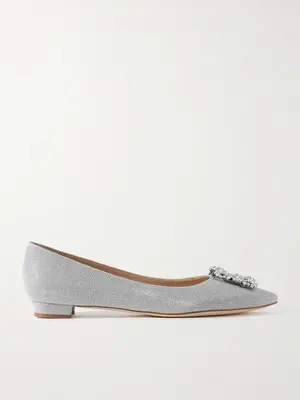 Manolo Blahnik Hangisi Glittered Satin Flats - Silver