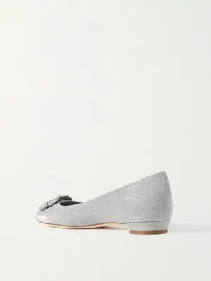 Manolo Blahnik Hangisi Glittered Satin Flats - Silver