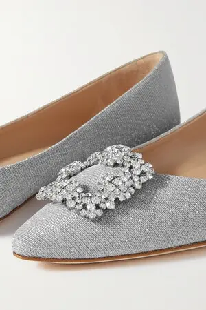 Manolo Blahnik Hangisi Glittered Satin Flats - Silver