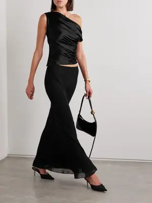 Staud Phare One-shoulder Draped Silk-blend Satin Top - Black