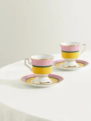La DoubleJ Set Of Two Gold-plated Porcelain Espresso Cups And Saucers - Pink