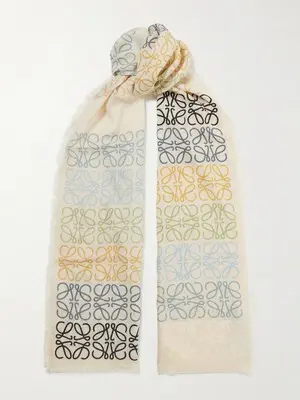 Loewe Fringed Printed Wool, Silk And Cashmere-blend Scarf - White