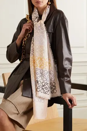 Loewe Fringed Printed Wool, Silk And Cashmere-blend Scarf