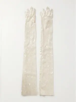 Safiyaa Sequined Satin Gloves - White