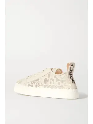 Chloé Lauren Scalloped Lace And Leather Trim Sneakers - Neutrals