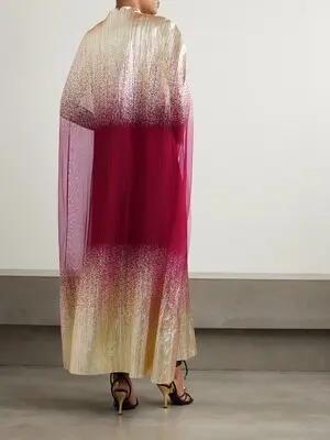 DIMA AYAD Metallic Plissé-tulle Gown And Cape Set - Burgundy