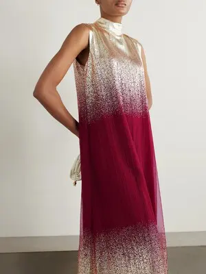 DIMA AYAD Metallic Plissé-tulle Gown And Cape Set - Burgundy
