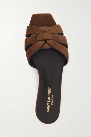 Saint Laurent Tribute Woven Suede Slides - Brown