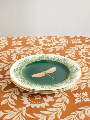 La DoubleJ Set Of Two Gold-plated Printed Porcelain Dinner Plates - Green