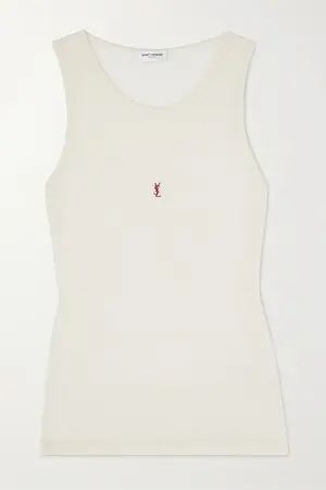 Saint Laurent Cassandre Embroidered Ribbed Wool Tank - Neutrals