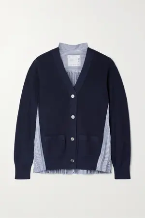 Sacai Cotton And Pleated Striped Poplin Cardigan
