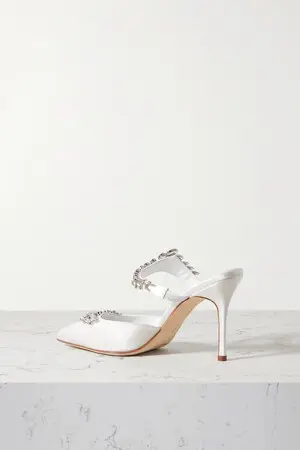 Manolo Blahnik Lurum 90 Crystal-embellished Mules - White