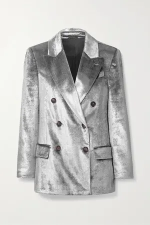 Brunello Cucinelli Double-breasted Metallic Velvet Blazer - Silver