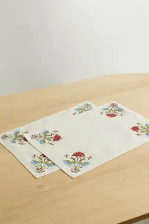 CABANA Benaki Set Of Two Embroidered Printed Linen Placemats - White