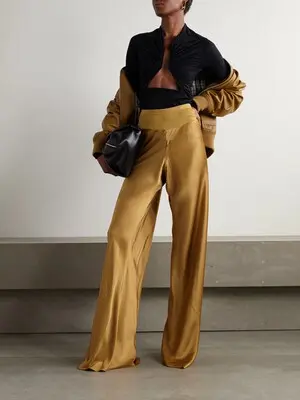 Rick Owens Bias Ribbed-knit Trimmed Satin Wide-leg Trousers