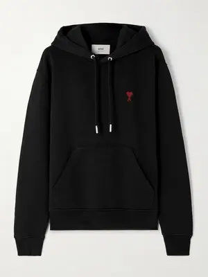AMI Paris Embroidered Cotton-blend Jersey Hoodie - Black