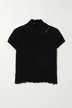 Marni Cropped Distressed Embroidered Cotton Turtleneck Vest