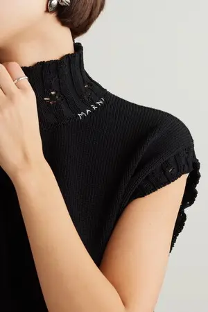 Marni Cropped Distressed Embroidered Cotton Turtleneck Vest