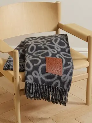 Loewe Fringed Leather-trimmed Alpaca-blend Jacquard Blanket - Gray