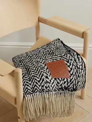 Loewe Leather-trimmed Fringed Herringbone Wool-blend Blanket - Black