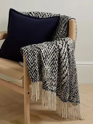 Loewe Leather-trimmed Fringed Herringbone Wool-blend Blanket