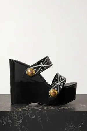Emilio Pucci Embellished Embroidered Leather Wedge Sandals