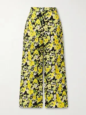 Adam Lippes Cropped Floral Print Wool-silk Blend Pants - Yellow