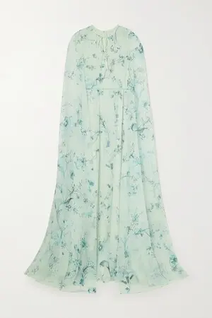 Erdem Kenley Cape-effect Floral-print Gown - Blue